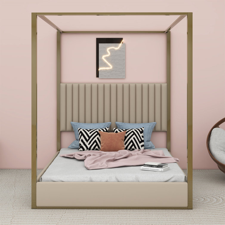 Mercer41 Queen Size Upholstery Canopy Platform Bed With Headboard And